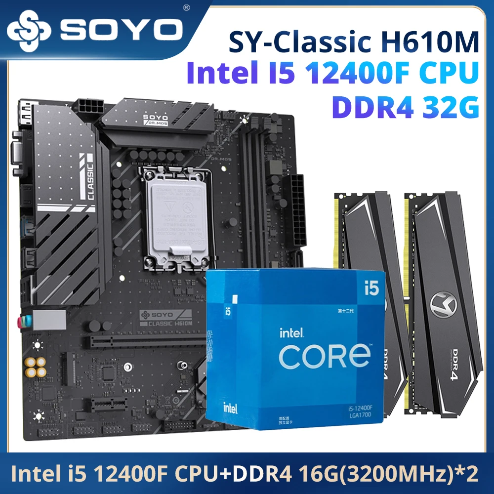 SOYO-Kit Placa Mãe Clássico H610M, CPU Intel i5 12400F, Dual Channel, DDR4, 16GB x 2, 3200MHz ...