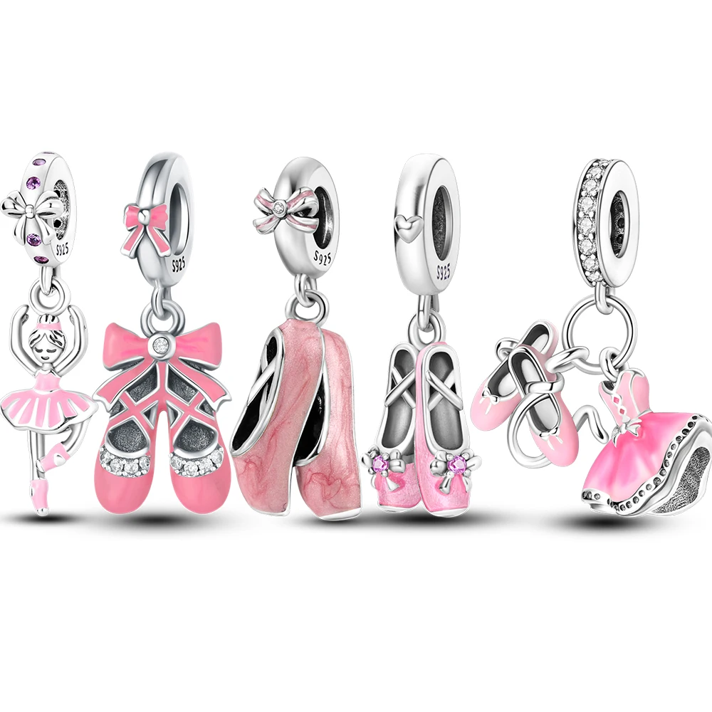 925-Sterling-Silver-Pink-Ballet-Shoes-Skates-Pendant-Charms-Fit-Pandora ...