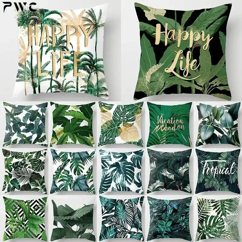 Home Decor Tropical Leaves & Happy Life Cushion Covers Pattern Cushion ...