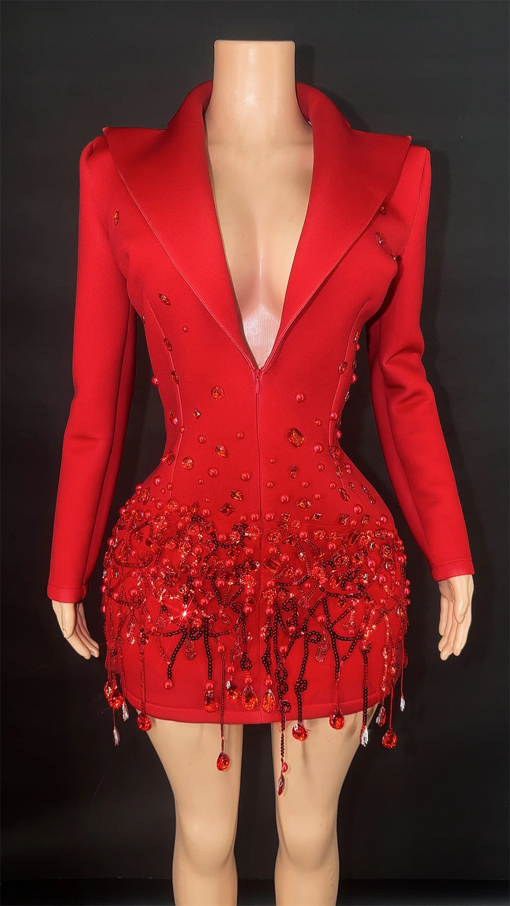 Sparkly Crystal Chains Pearls Mini Dress Luxury Red Fashion Coats ...