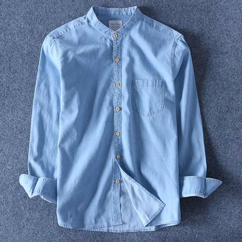 Men-Long-Sleeved-Denim-Shirt-Pure-Cotton-O-Neck-Stand-Collar-Slim ...