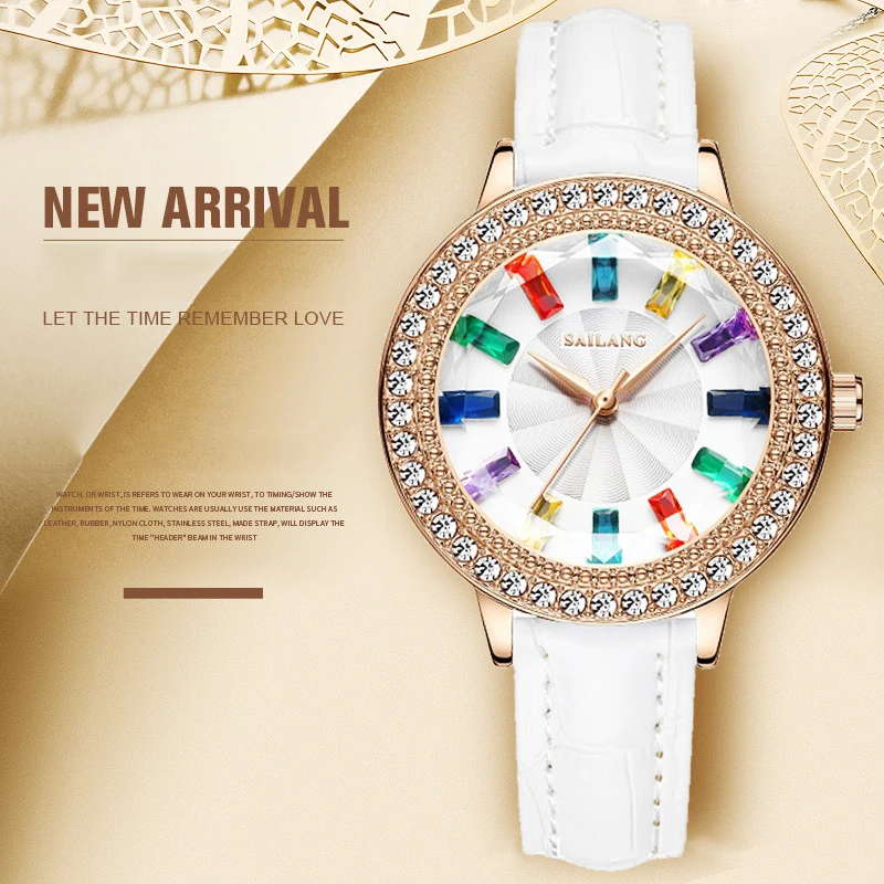 Women Quartz Watch Colorful Diamond Dial Genuine Leather Casual Female ...
