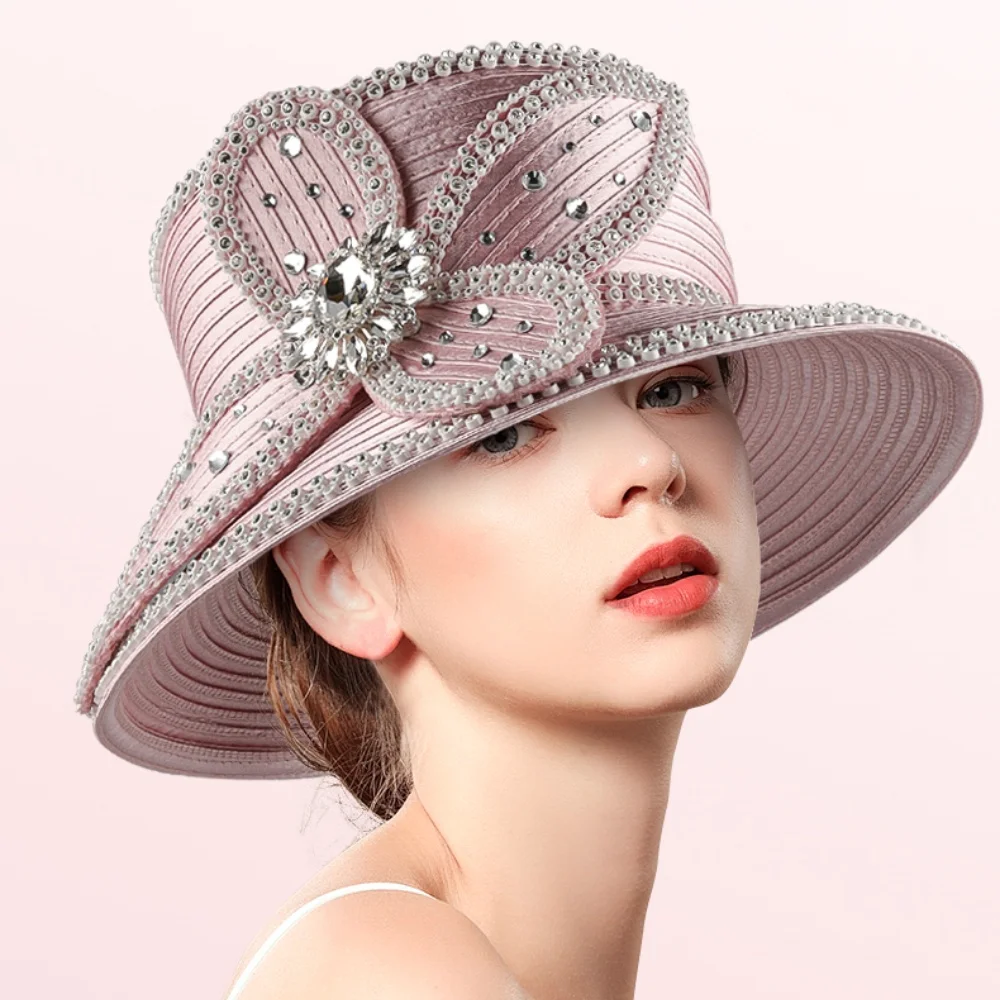 HotSale-Pink-Cocktail-Satin-Cloth-Hat-Elegant-Photography-Hats-Chain ...