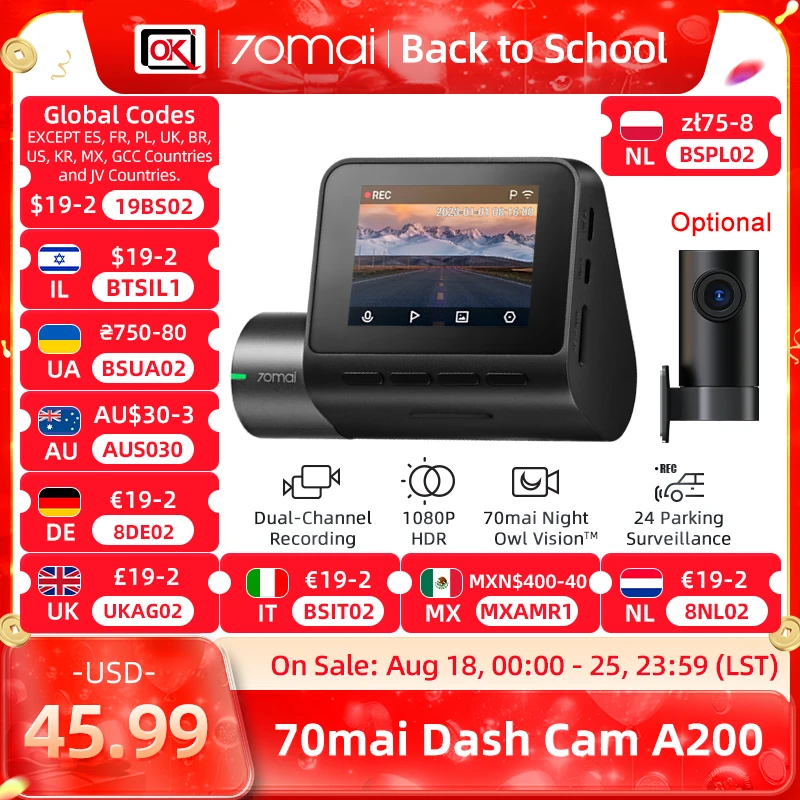 70mai-Dash-Cam-A200-1080P-HDR-Dual-Channel-Car-DVR-130-FOV-Car-Black ...