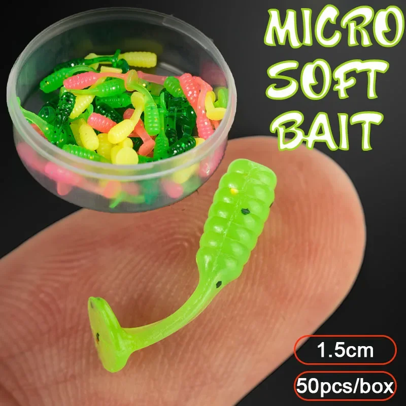 50PC/box Micro Soft Bait 1.5cm T-Tail Laser Wobblers Carp Fishing Lure ...
