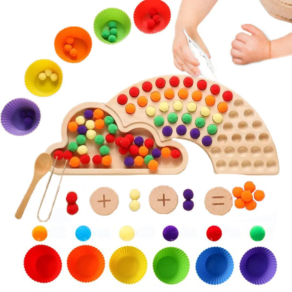 Counting-Plush-Pom-Pom-Balls-Rainbow-Color-Sorting-Toys-Tweezers-Fine ...