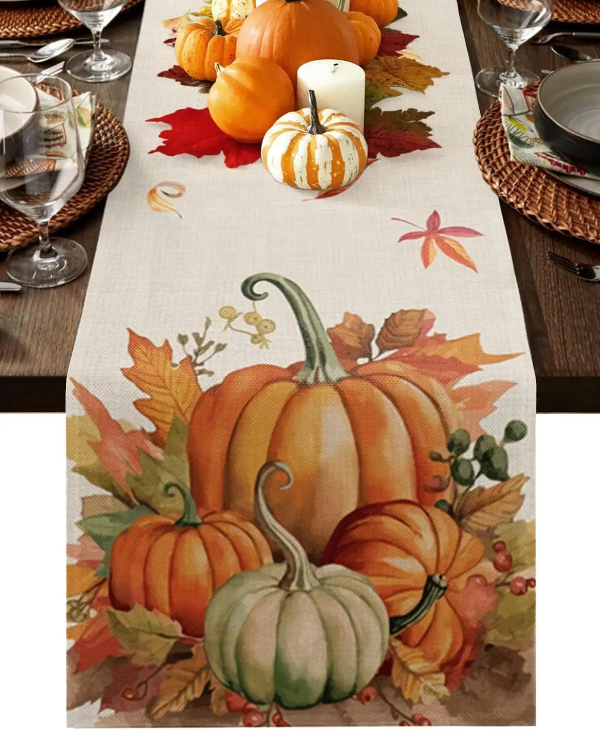 Autumn-Pumpkin-Maple-Leaf-Linen-Table-Runners-Seasonal-Fallen-Leaves ...