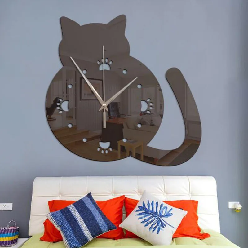 DIY-Mute-Fat-Cat-Paw-Mirror-Wall-Clock-for-Living-Room-Decor-Mirror ...