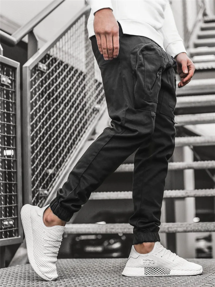 Men's Casual Jogging Pants Fashionable Paneled Zipper Cotton Cargo Pants