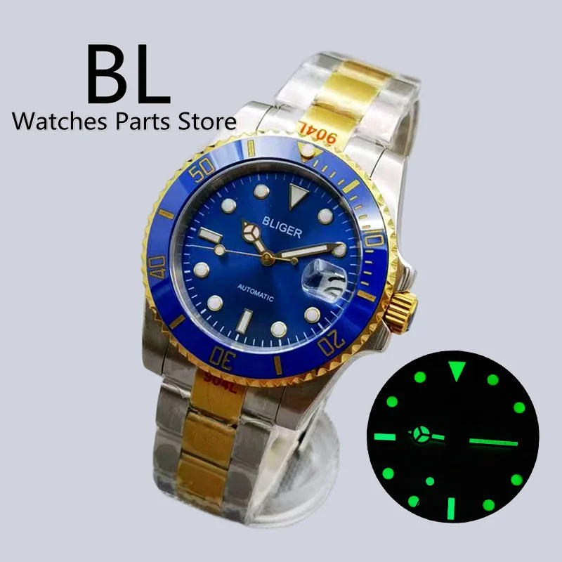 BLIGER 40mm Luxury Diver's Watch For Men Two-tone Gold Sapphire Glass ...