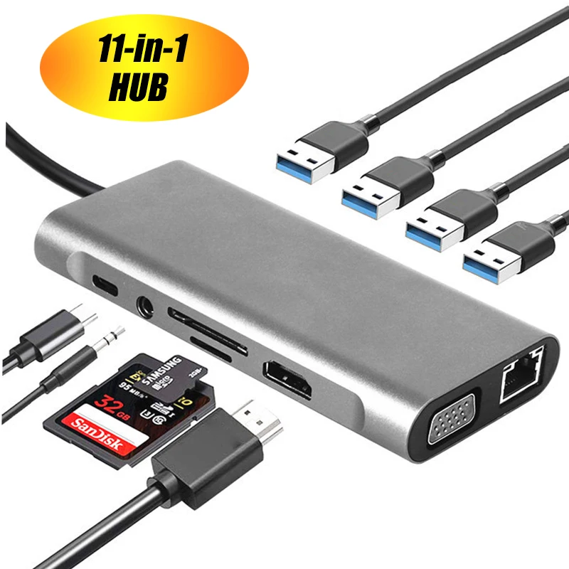 11 in 1 USB 3.1 to HDTV 4K 100Mbps Ethernet LAN USB3.0 USB2.0 SD/TF ...