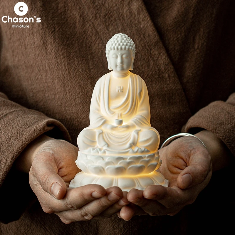 Ceramics Buddha Statue LED Lamp Buddhist Pottery Dhyana Sculpture Light ...