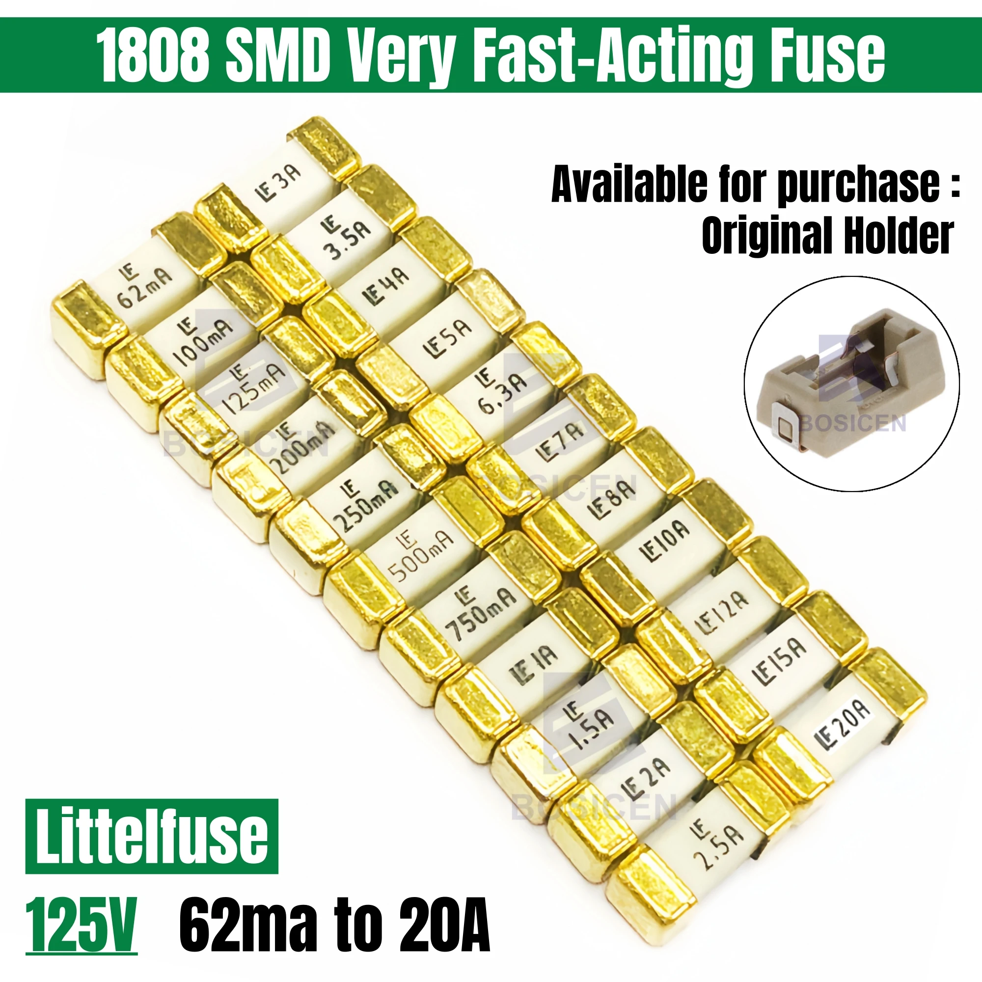 10PCS 1808 SMD Fast Blow Gold Square Fuse 125V LF 80ma 1A 1.25A 1.5A 1 ...
