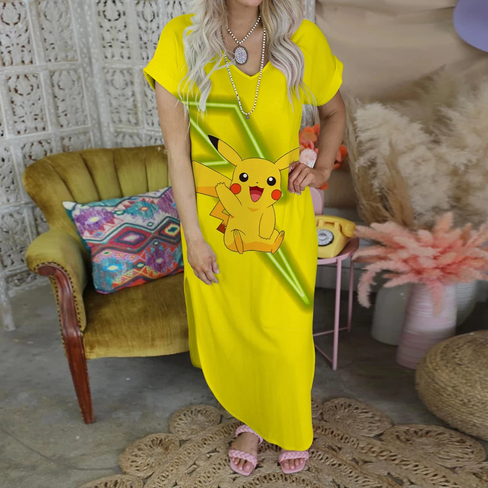 Long-Dress-Pikachu-Elegant-Dresses-for-Women-Robe-Zevity-Print-Split ...
