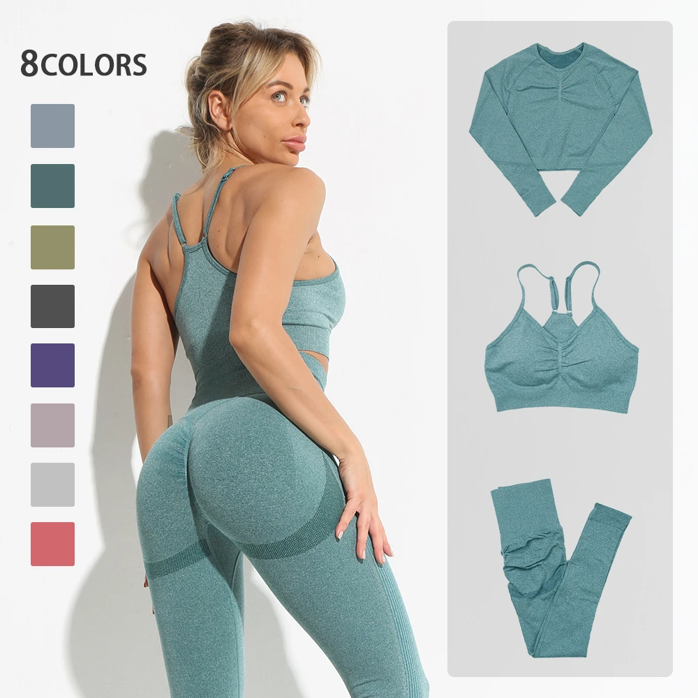 Seamless Yoga Set Women Workout Sportswear Gym Clothing Fitness Long Sleeve Crop Top High Waist ...