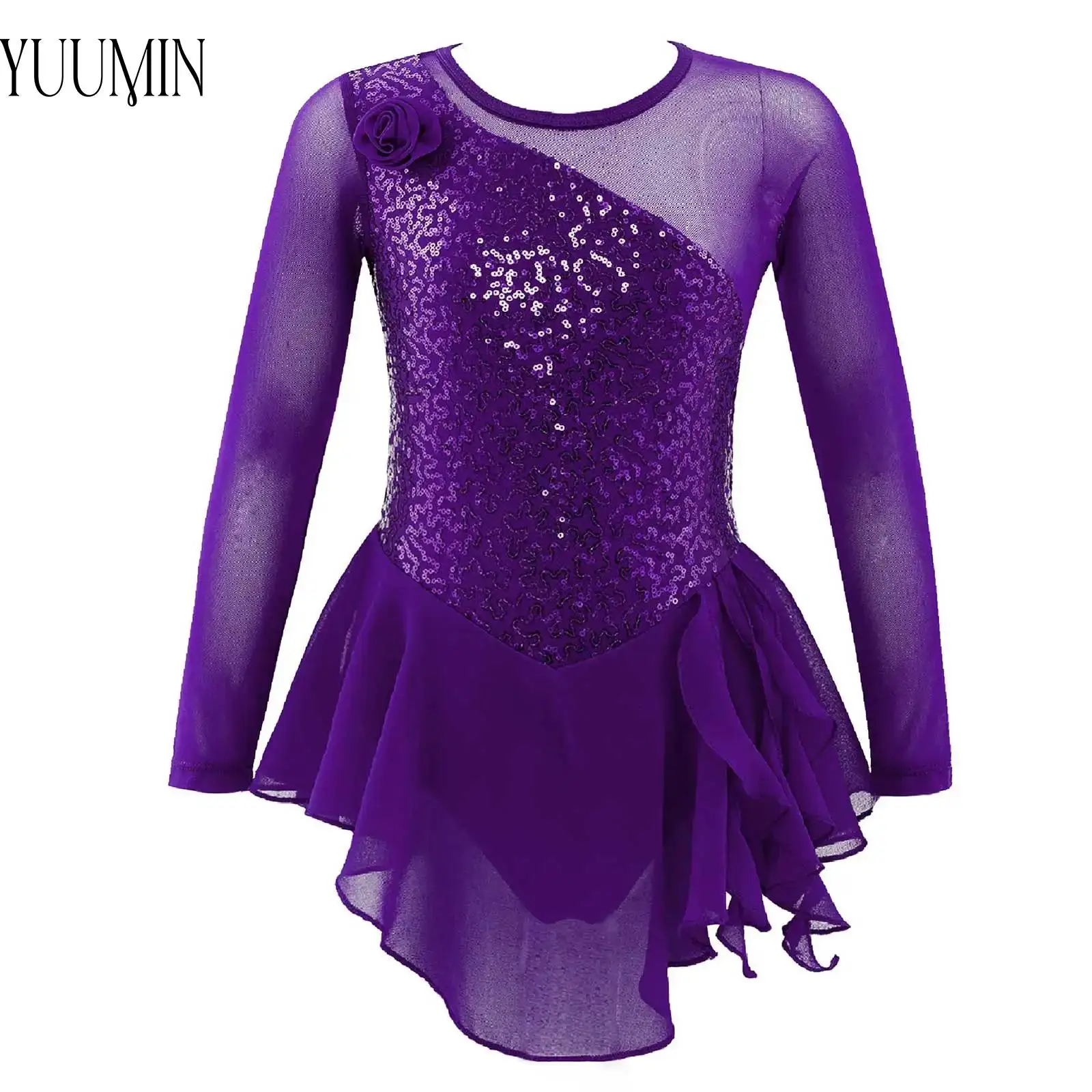 New Kids Girls Shiny Sequin Ballet Jazz Dance Dress Long Sleeve with ...
