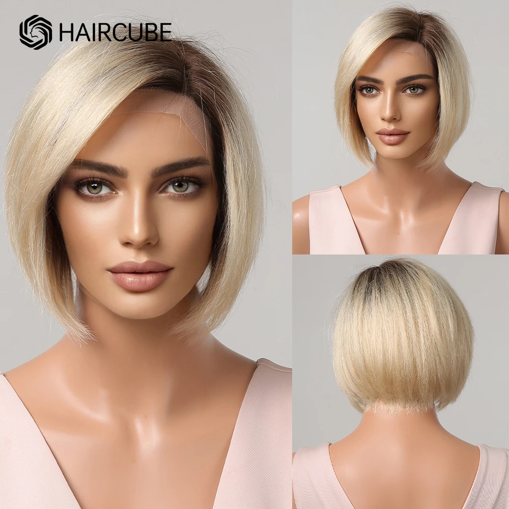 HAIRCUBE Blunt Bob Human Hair Lace Front Wigs for Women Brown Ombre ...