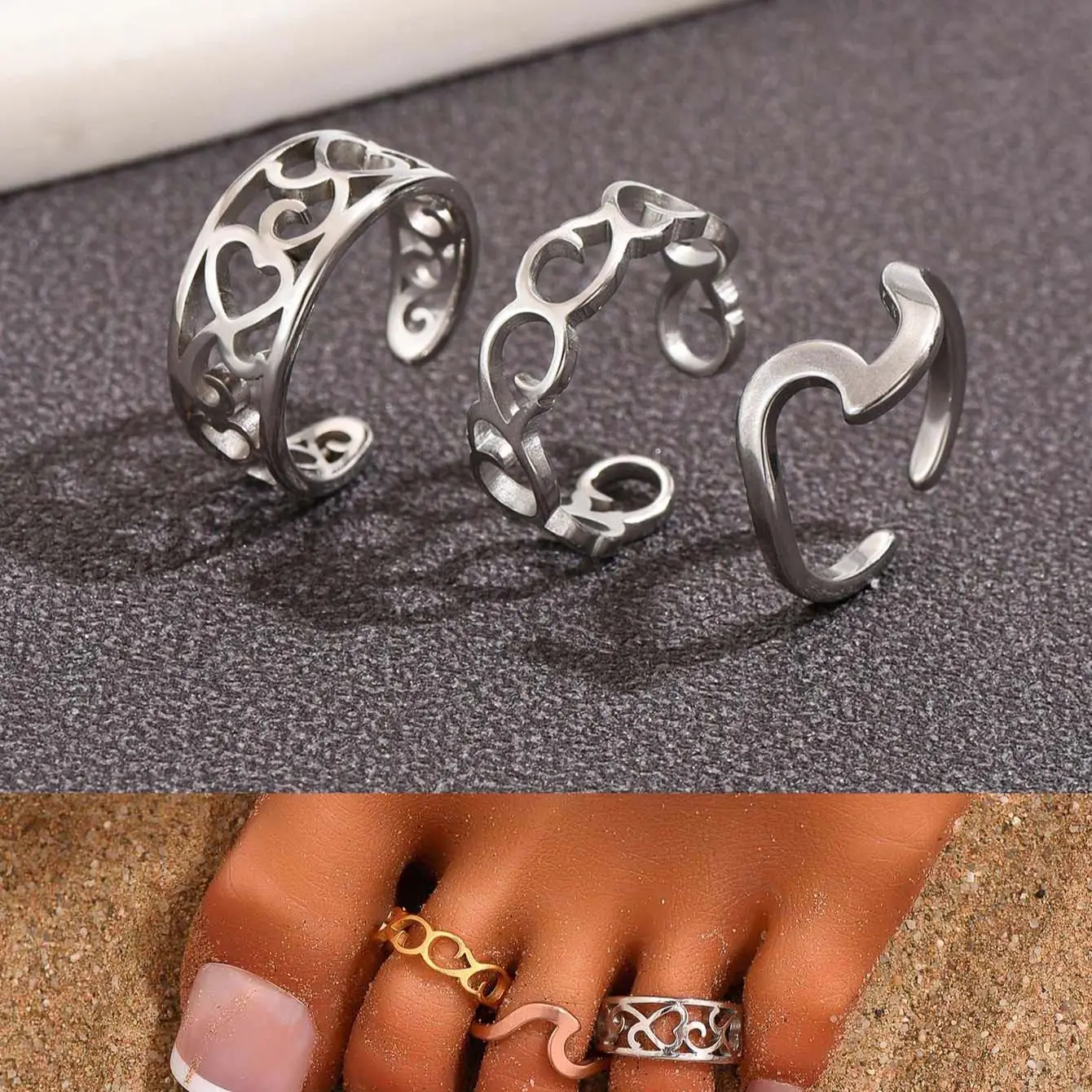 3PC-Filled-Toe-Rings-Set-for-Women-14K-Gold-Plating-Adjustable-Simple ...