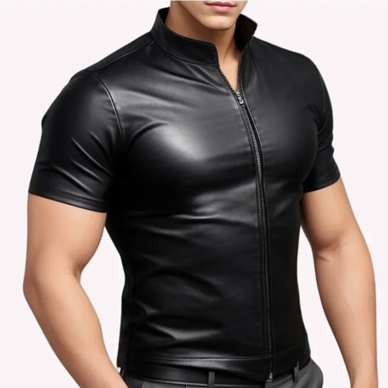 Herren-matt-Leder-T-Shirt-Mantel-nass-aussehen-Clubwear-PVC-Leder-Rei-verschluss-Hemden-Club ...