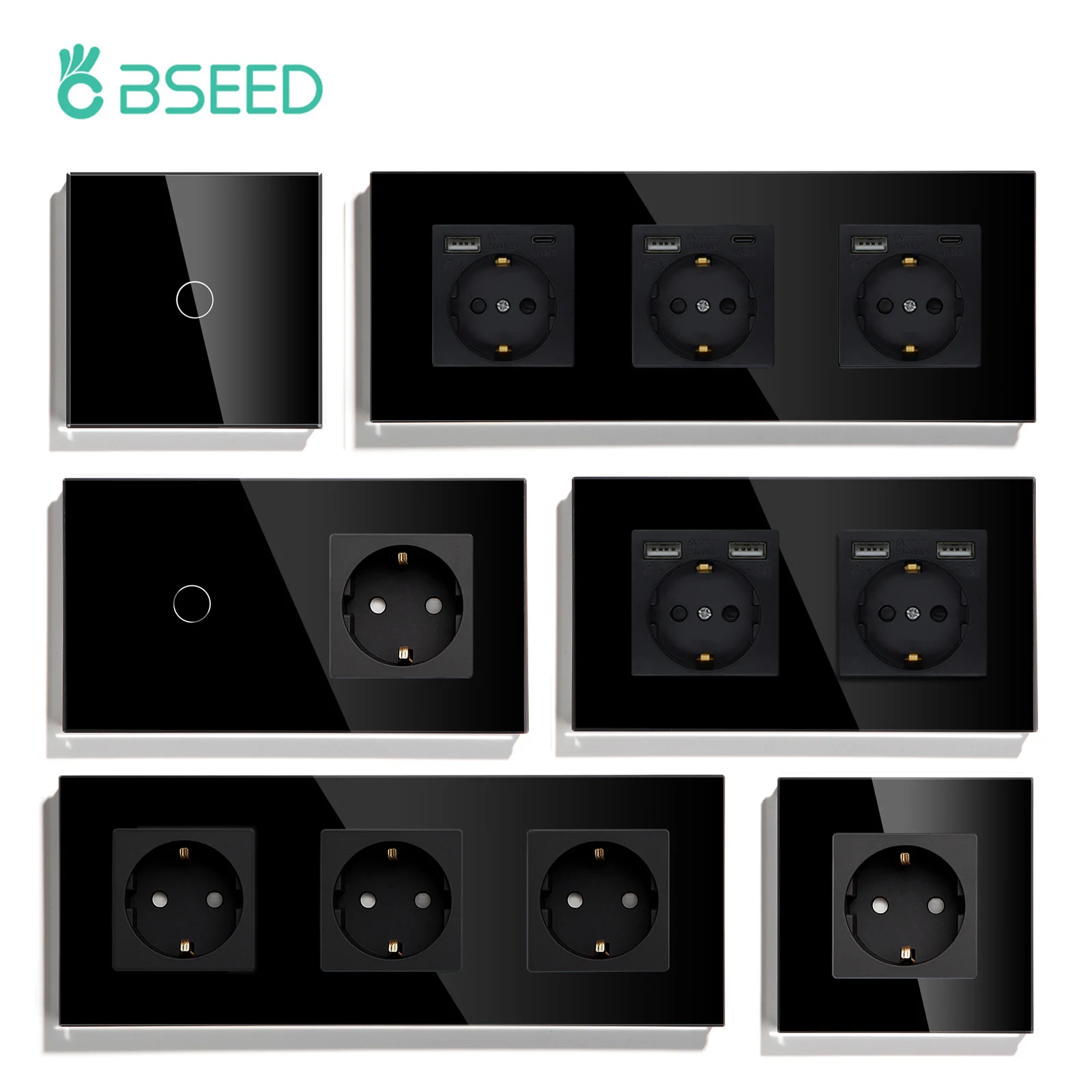 Bseed Touch Light Switch Met Eu Usb Stopcontacten Zwarte Muur Led Schakelaars 1/2/3Gang 1Way ...