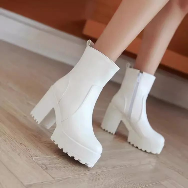 Women's White Platform Block Heel Ankle Boots - Side-Zip Vintage High ...