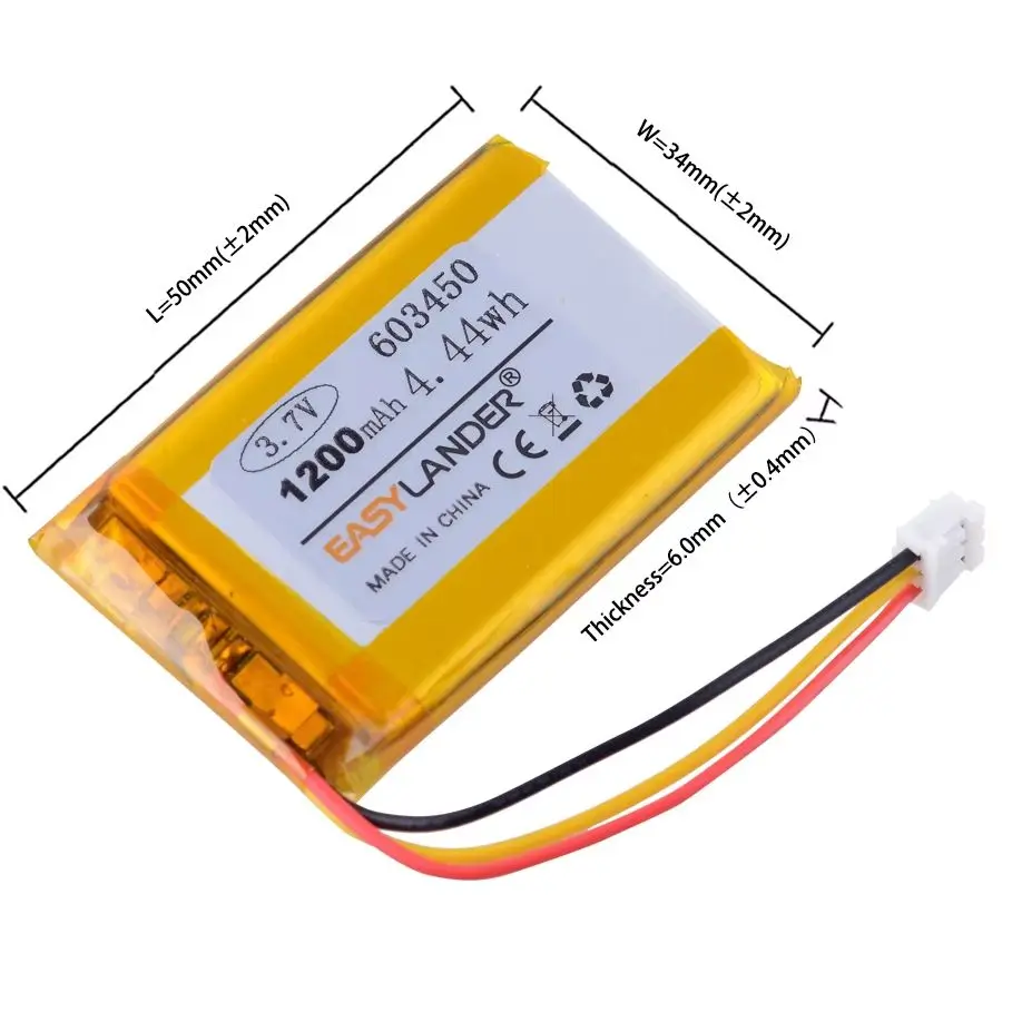 JST2.0mm 3pin 3.7V 1200mAh 603450 Rechargeable Lithium Li-ion Polymer ...