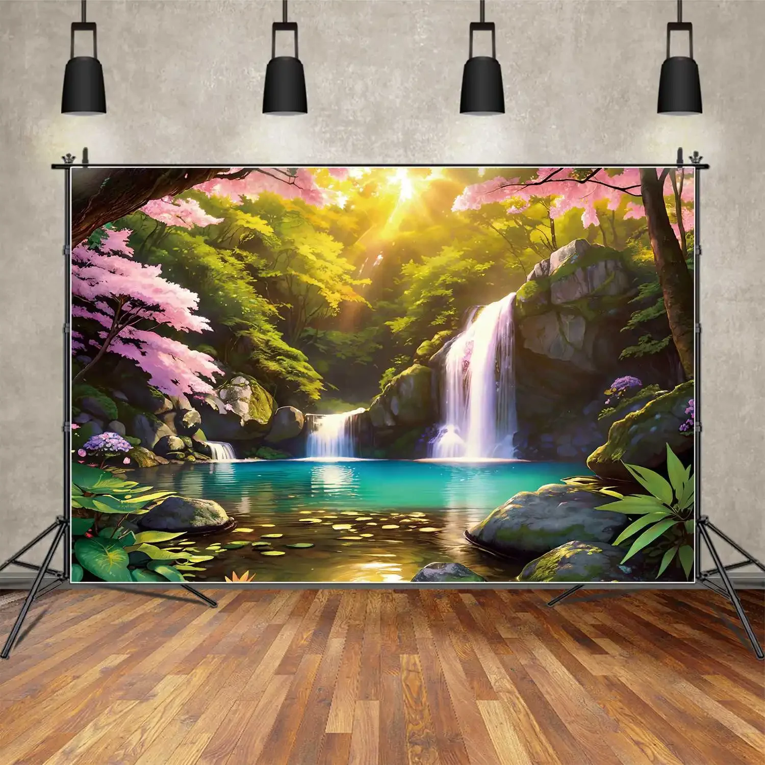 Sunshine-Forest-Waterfall-Photography-Backdrops-Decor-Spring-Cliff-Pink ...