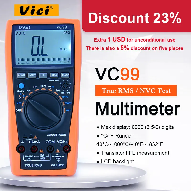 VICI VC99 3 6/7 자동 범위 디지털 멀티 미터 1000V 20A DC AC 전압 전류 저항 커패시턴스 테스터 ...