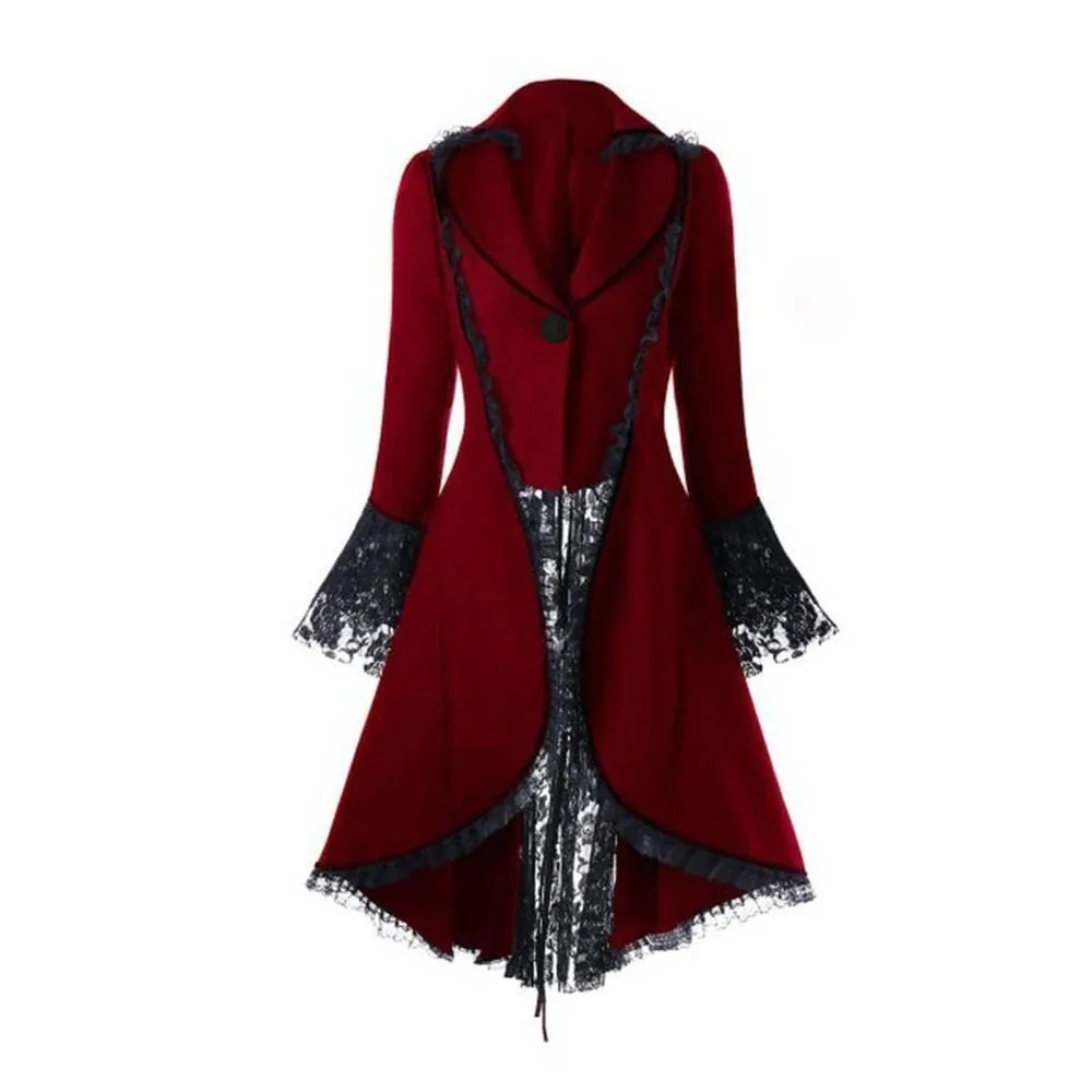 Women-Lace-Trim-Lace-up-High-Low-Coat-Black-Steampunk-Victorian-Style ...