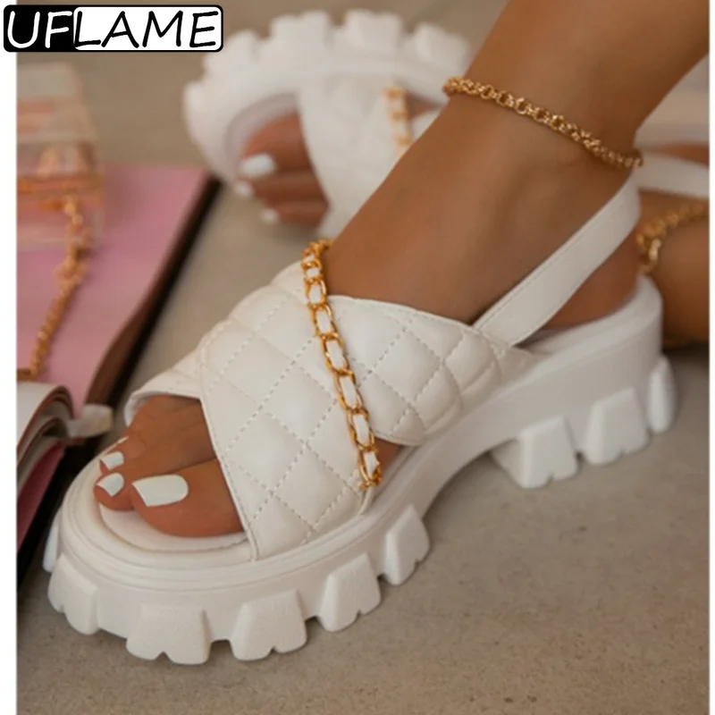 2023 neue Damen Leders andalen Metall kette Sommer Raute Plaid Sandalen ...