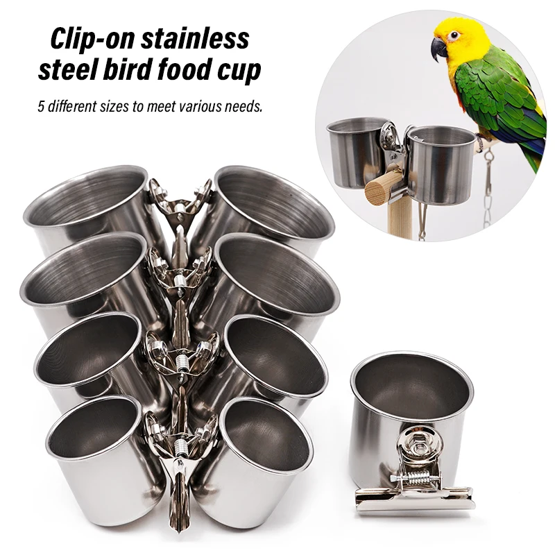 Bird Feeding Double Cups Stainless Steel Parrot Cage Stand Bird Feeder ...