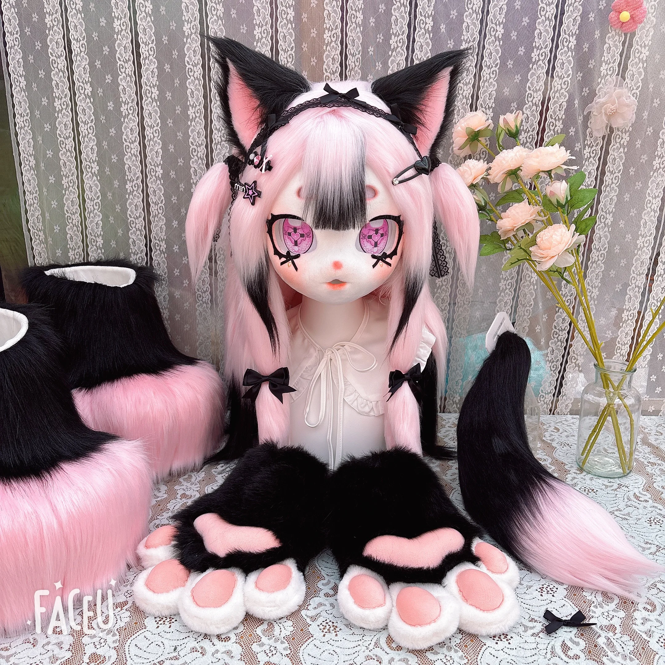 Fursuit Kigurumi Furry Cosplay Costume Black Pink Head Paw Tail Shoes ...
