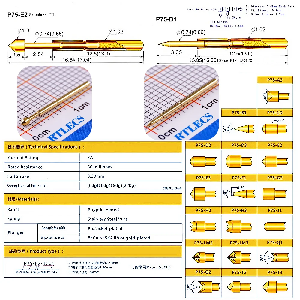 100Pcs-Spring-Loaded-Test-Probe-P75-Series-Bare-PCB-Testing-Probe-Pogo ...