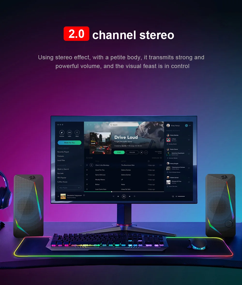 REDRAGON GS510 Waltz 3.5mm aux 2.0 stereo surround music RGB Gaming speakers sound bar for ...