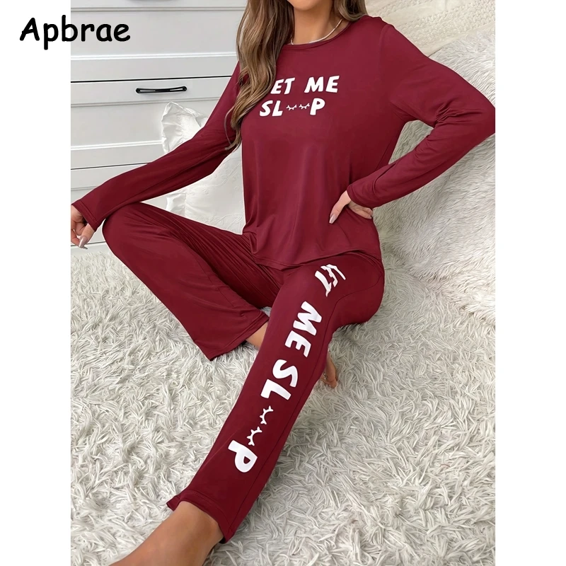 Letter Print Pajamas for Women Autumn Winter Long Sleeves Long Pants ...