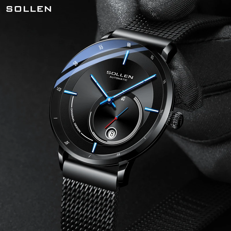 SOLLEN-Stylish-Sapphire-Mirror-Automatic-Mechanical-Watch-Black-Mesh ...