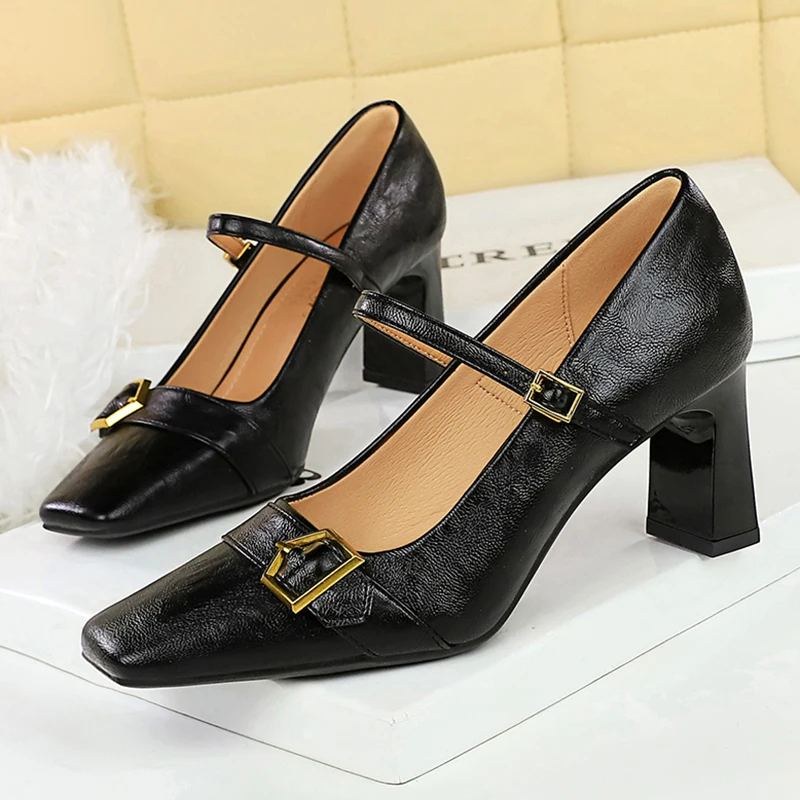 Women 7cm High Heels Lady Belt Buckle Decoration Block Square Toe Metal ...