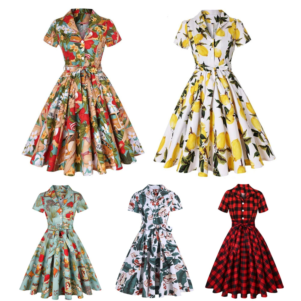 Women Vintage Flower Printing Dress Retro Rockabilly 2023 V-Neck ...