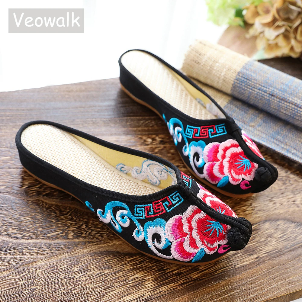 Veowalk Floral Embroidered Women Canvas Close Toe Slippers Summer Retro ...