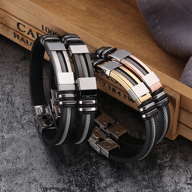 Fashion-Stainless-Steel-Bracelets-Men-Wrist-Band-Black-Grooved-Rudder ...