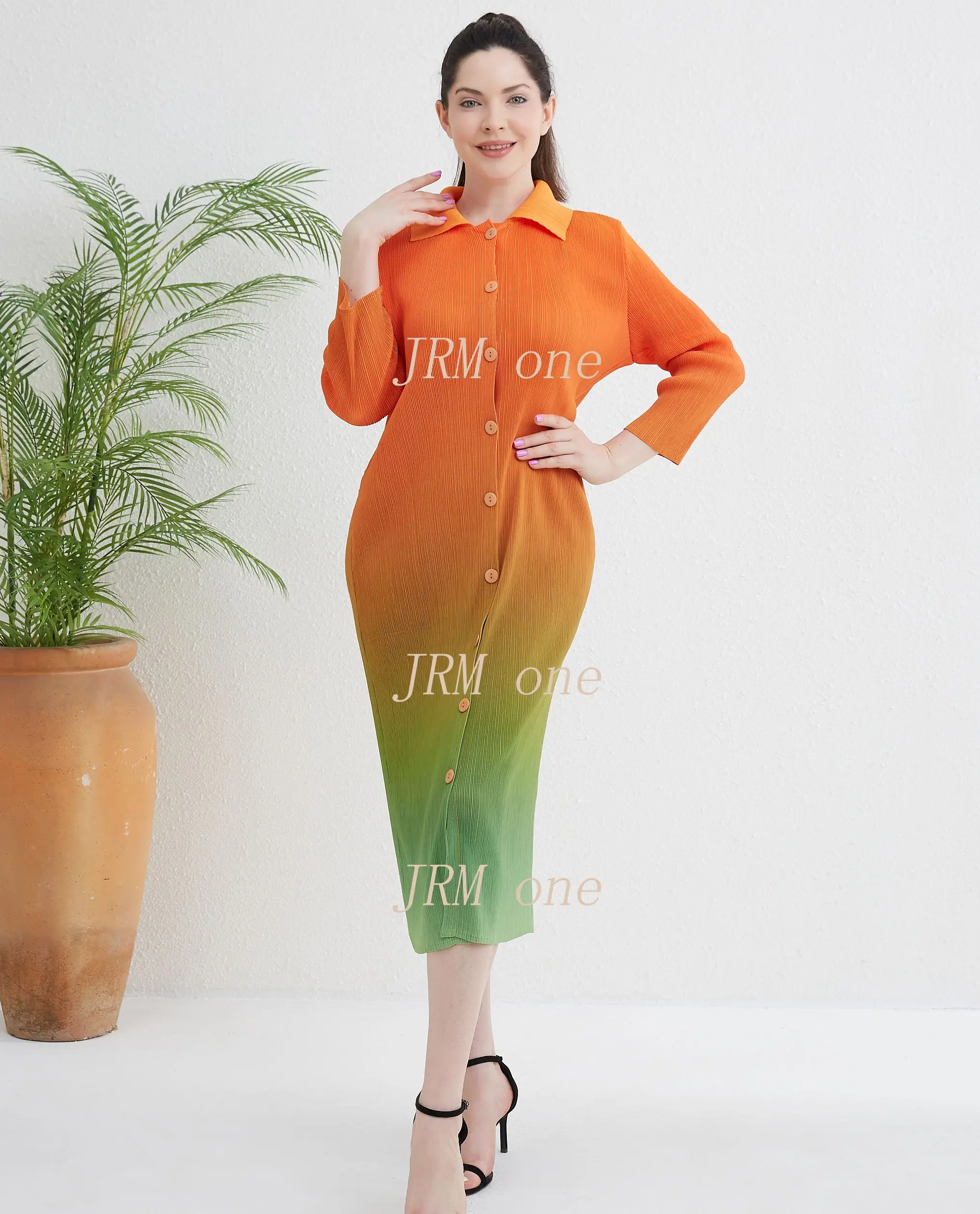 Long Sleeve Pleated Dress for Women, Gradient Color, Soft Lapel Neck ...