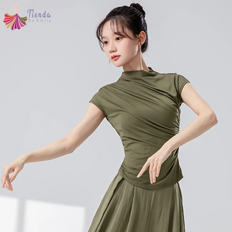 Modern Dance Top Women Pleat Short Sleeve Half High Neck T-Shirt Solid ...