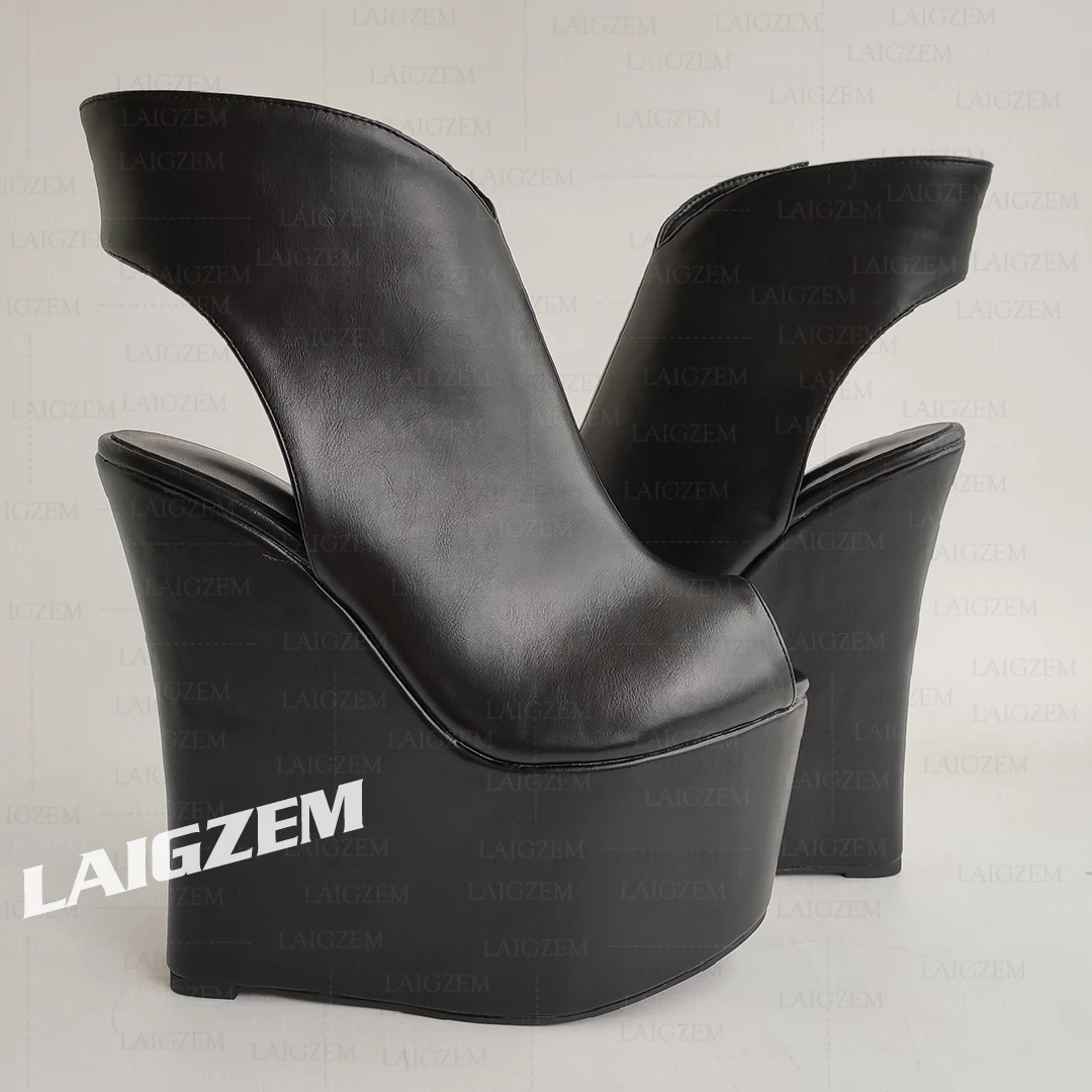 LAIGZEM Women Ankle Boots Platform 20CM High Heels Zip Up Faux Leather ...