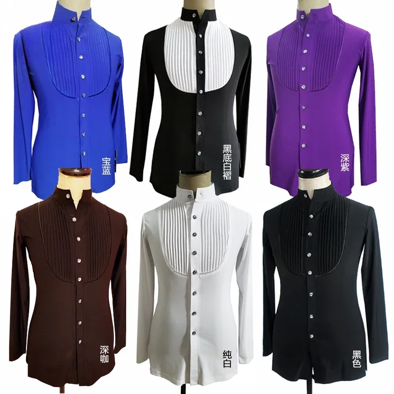 Men Latin Dance Shirts Rhinestones Metallic Splice Top Competition ...
