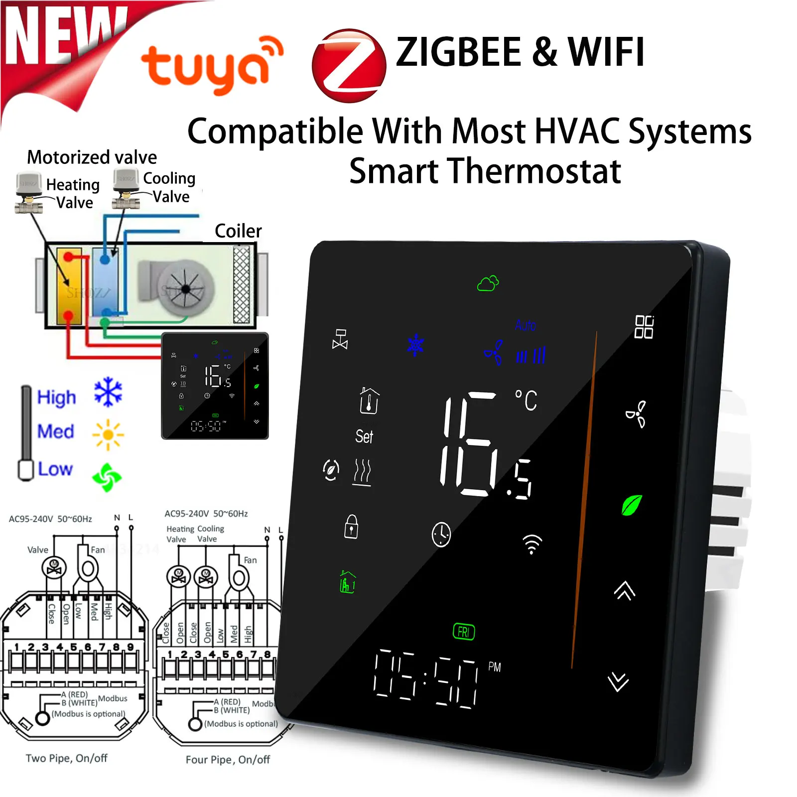 Tuya ZigBee Digital Display Smart Temperature Controller Hvac Thermostat 3 Speed Heating Cooling ...