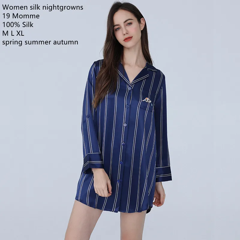 Naizaiga deep blue 19 Momme 100 SILK striped long sleeve Women night growns girl housecoat ...