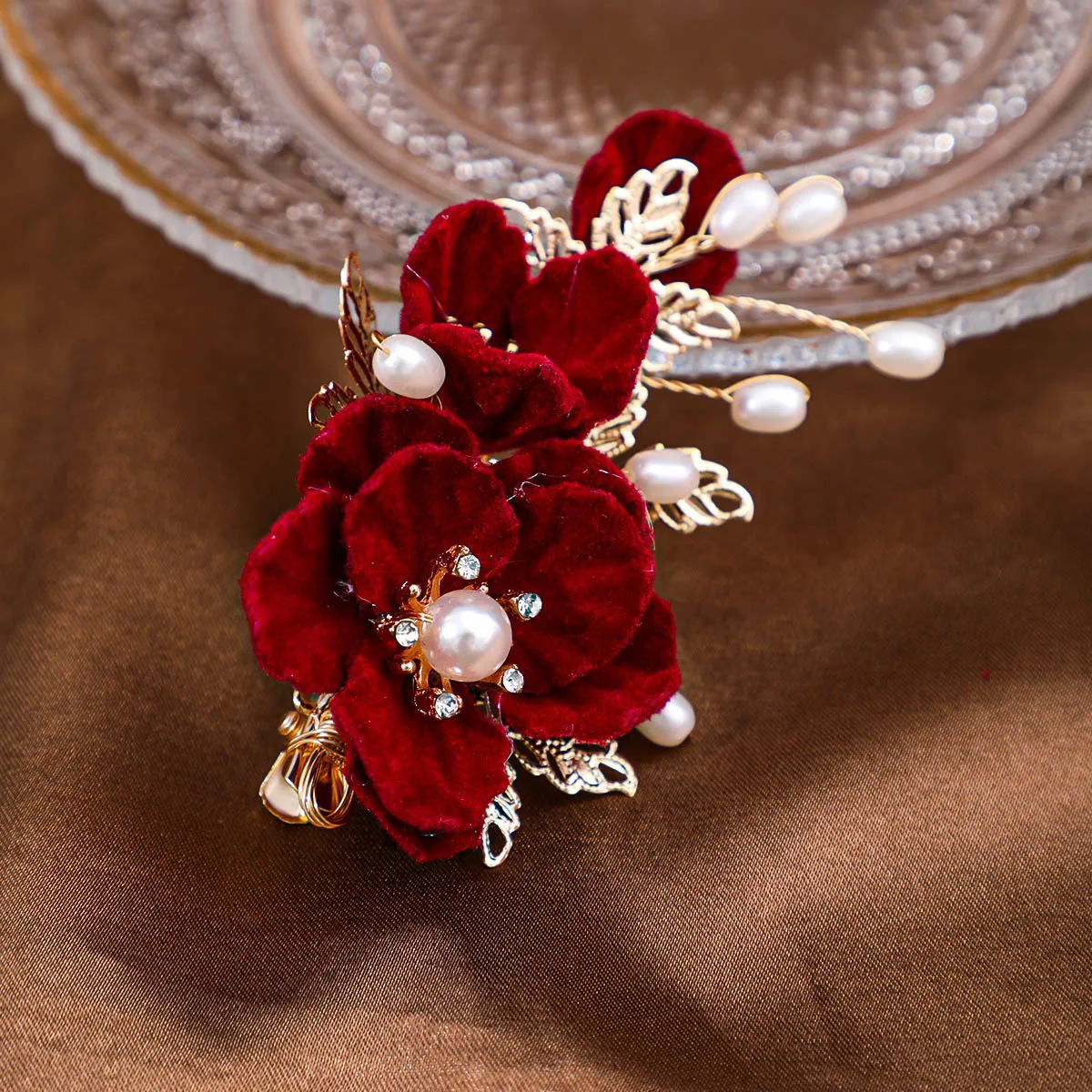Red-Flower-Hair-Clips-Alloy-Leaf-Hairpin-Headbands-Fashion-Bridal ...