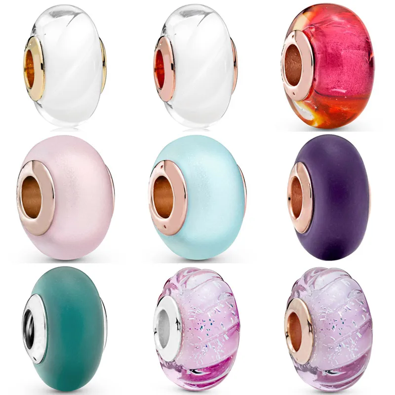 PANDORA-White-Waves-Matte-Pink-Blue-Grooves-Murano-Bead-Fit-Original ...