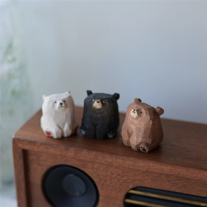 Hand carved solid wood bear tabletop ornament cute decorative wood ...