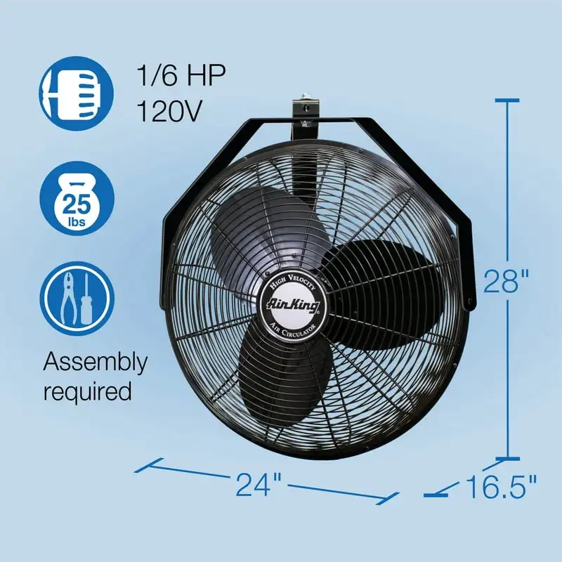 18" Industrial Grade High Velocity Wall Mount Fan, 1/6 HP, Black, Model ...